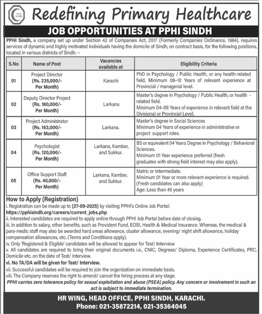 PPHI Sindh Jobs 2025 — Karachi, Larkana, Kamber & Sukkur (Apply Online ...